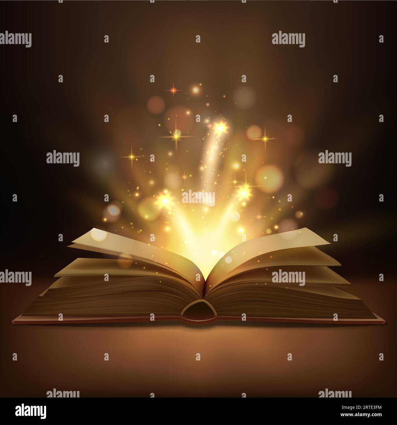 Open book with magic lights realistic vector design. Fantasy or fairy tale book, Bible or wizard ...
