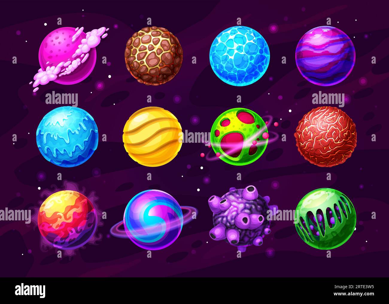 Fantasy planets, alien worlds in deep space cartoon set. Frozen and hot ...