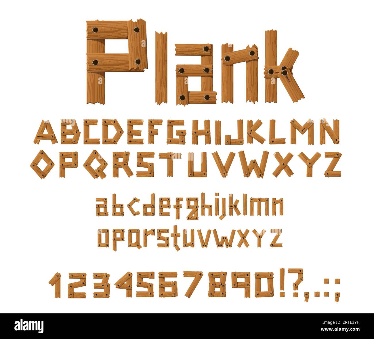 Wooden planks font letters, digits and symbols, vector cartoon type ...