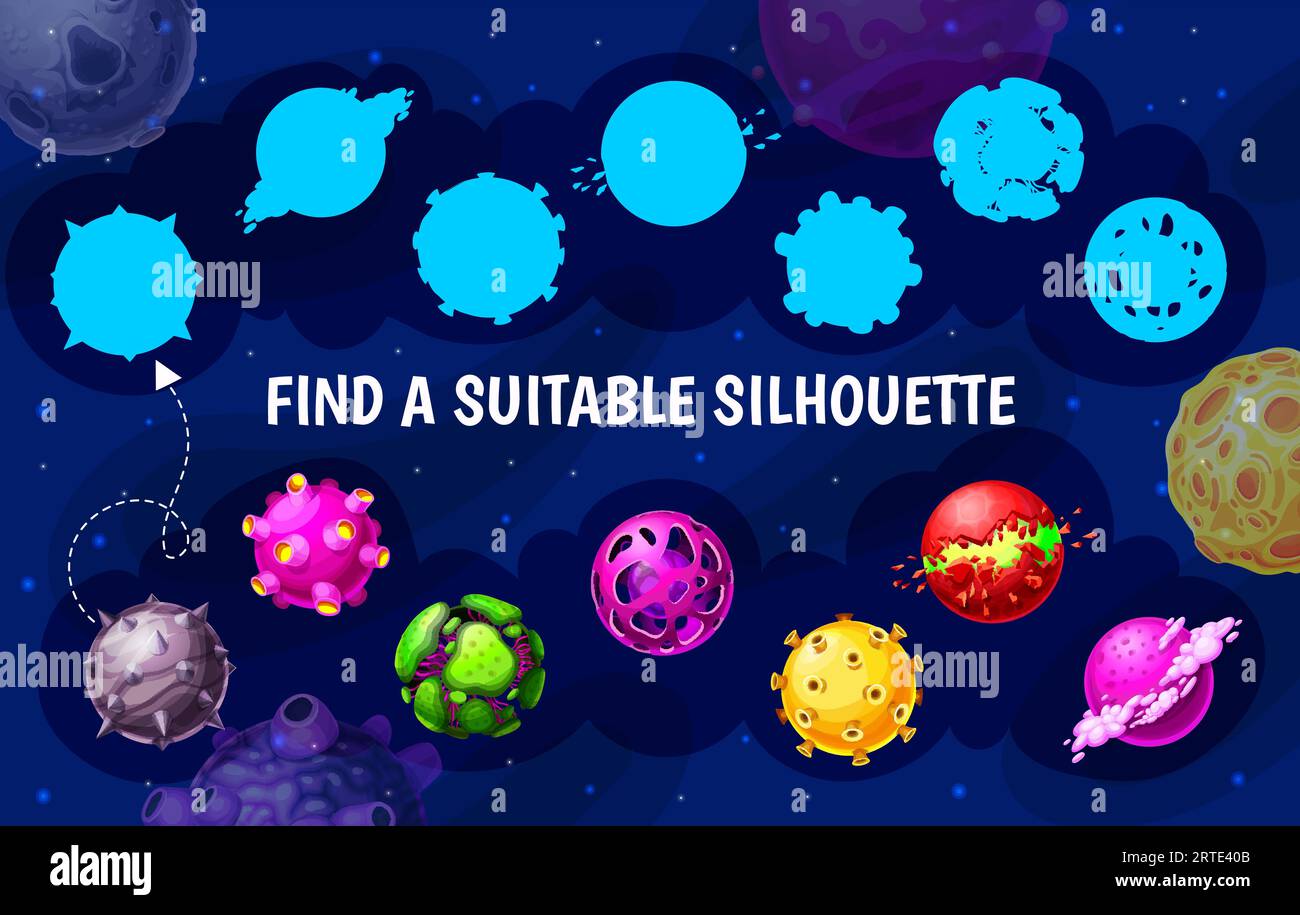 Galaxy space planets, find suitable silhouette, vector kids game or ...