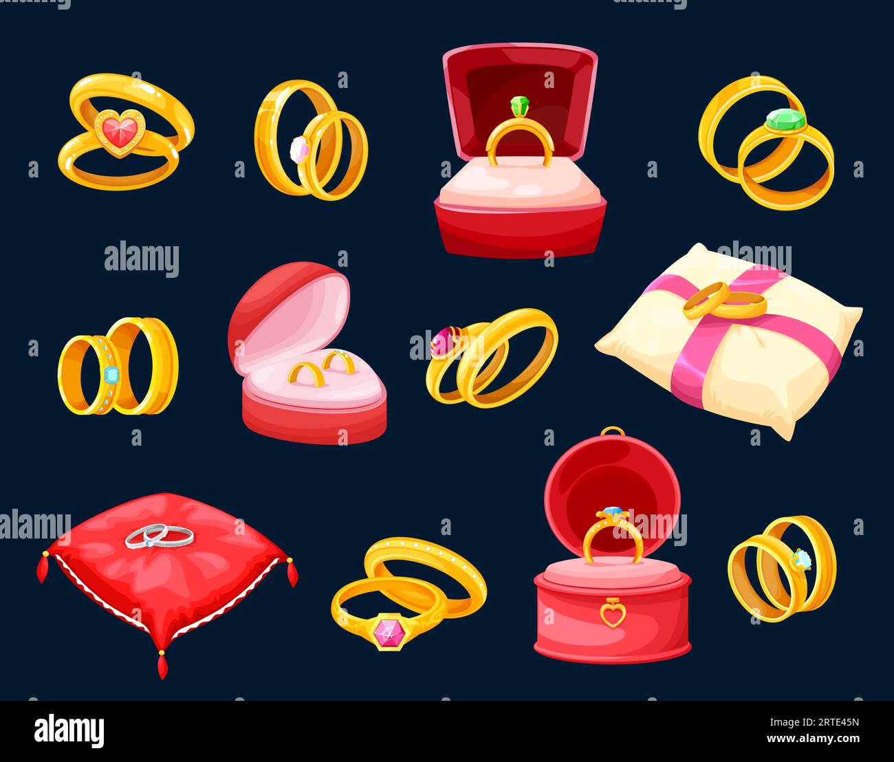 Wedding and marriage rings, golden jewelry lying in luxury boxes or ...