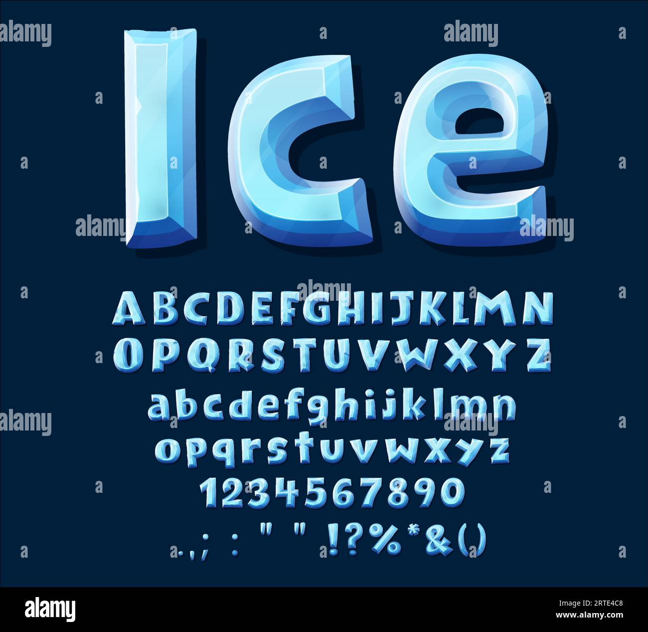 Cartoon blue ice crystal font type. Uppercase alphabet, digits and ...