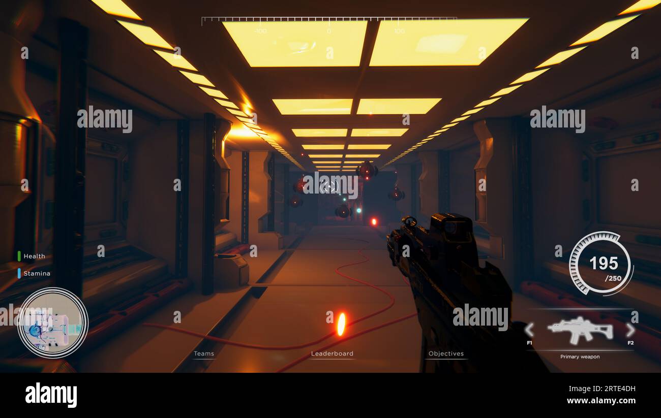 First person shooter videogame with gun shooting laser bullets at flying robotic enemies in dark ...