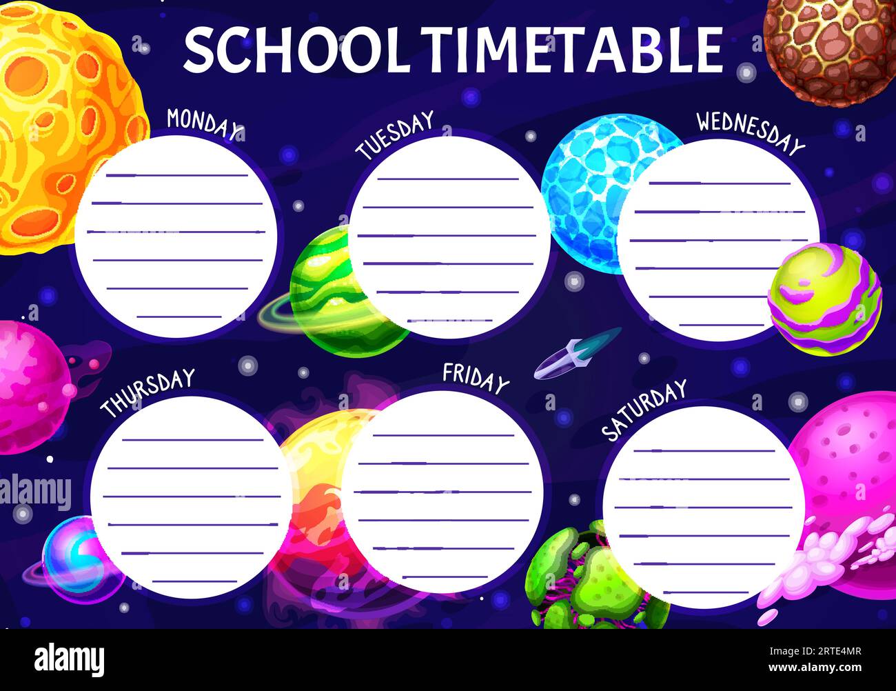 Cartoon galaxy and space planets school timetable schedule, vector ...