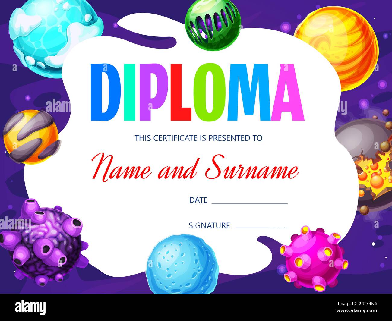 Kids diploma with bright space planets, vector education certificate award. Kindergarten or kid ...
