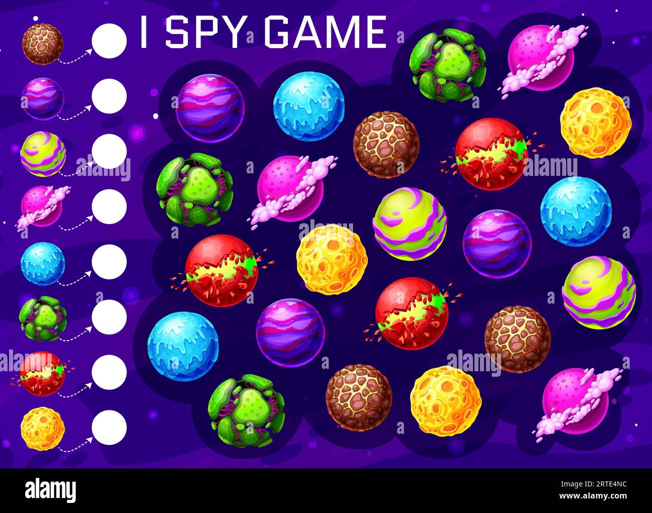 Cartoon space planets, kids I spy game riddle, vector find and match ...