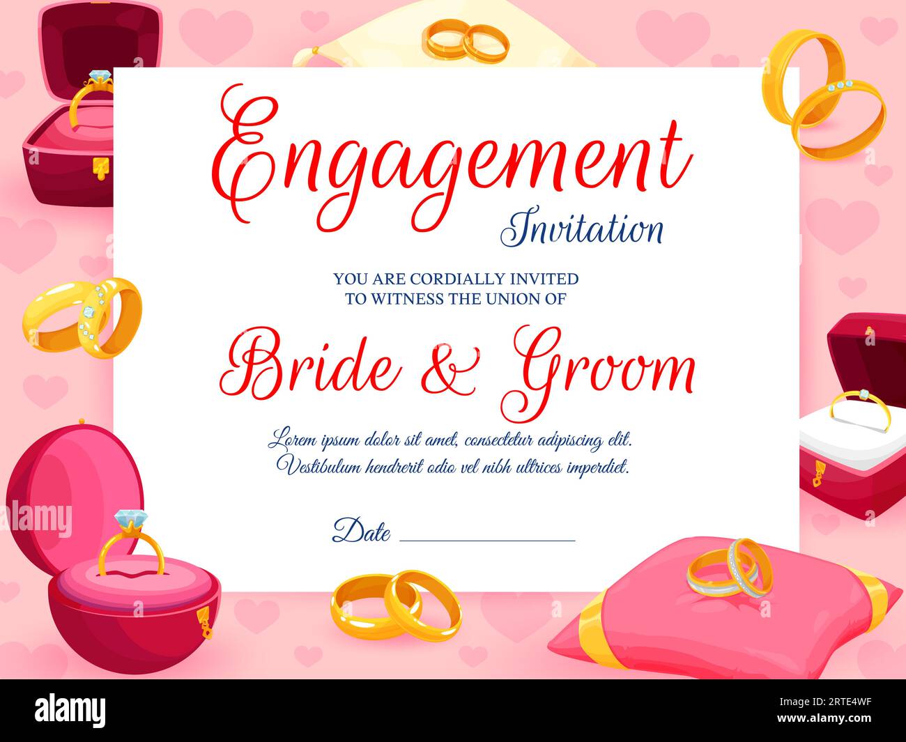 Engagement invitation with golden rings, wedding card to invite for ...