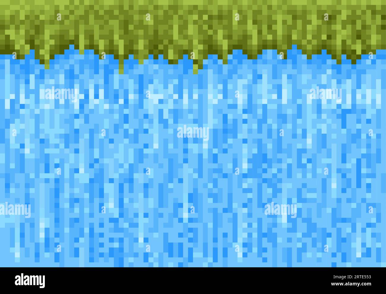 River, lake or waterfall water cascade with grass cubic pixel game pattern background. Vector ...