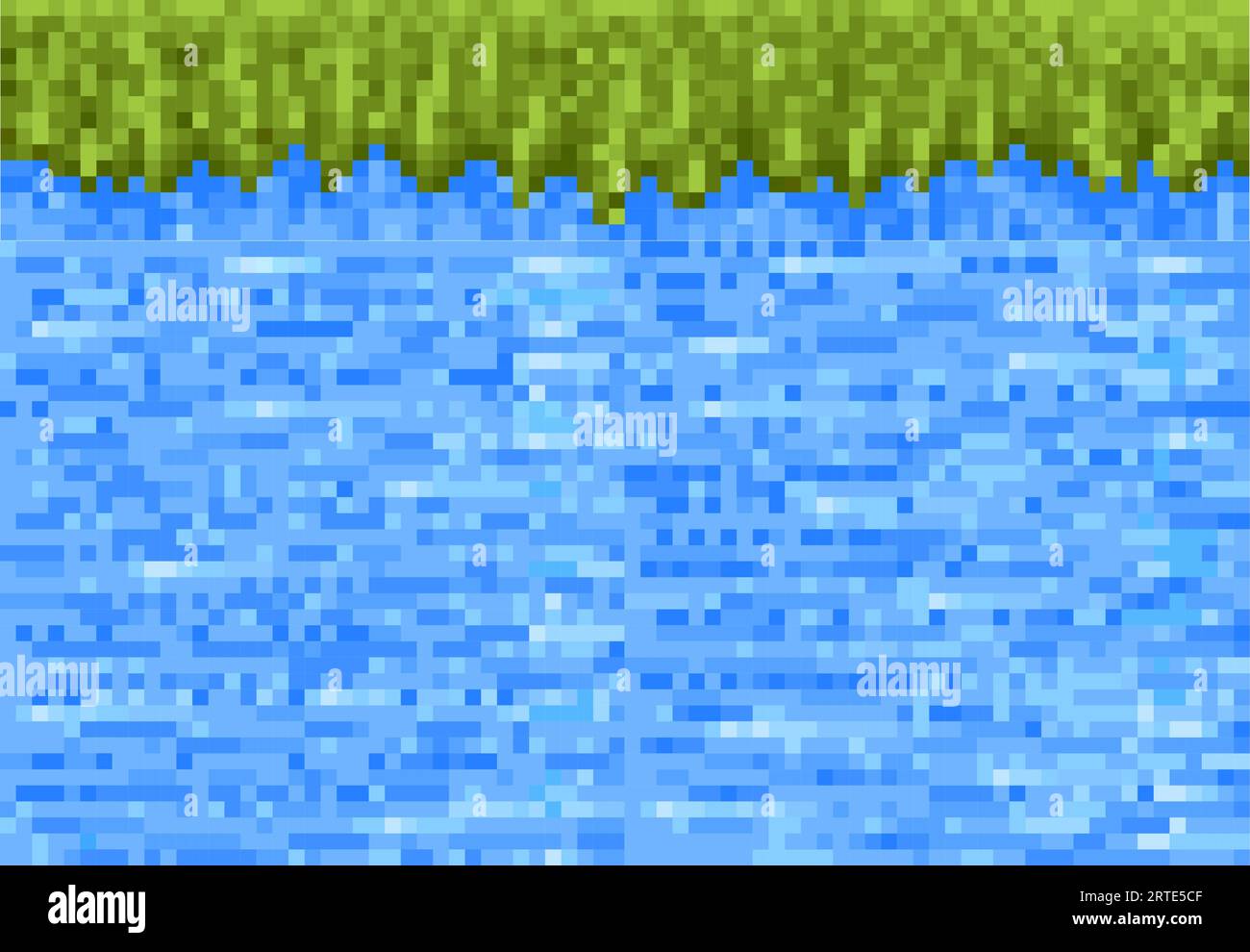 River, lake or waterfall water cascade cubic pixel game blocks pattern background. Vector eight ...