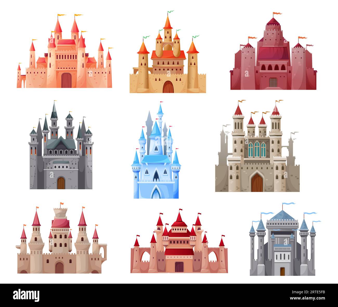 Cartoon medieval castles and fortress of king palace, vector icons. Medieval kingdom castles ...