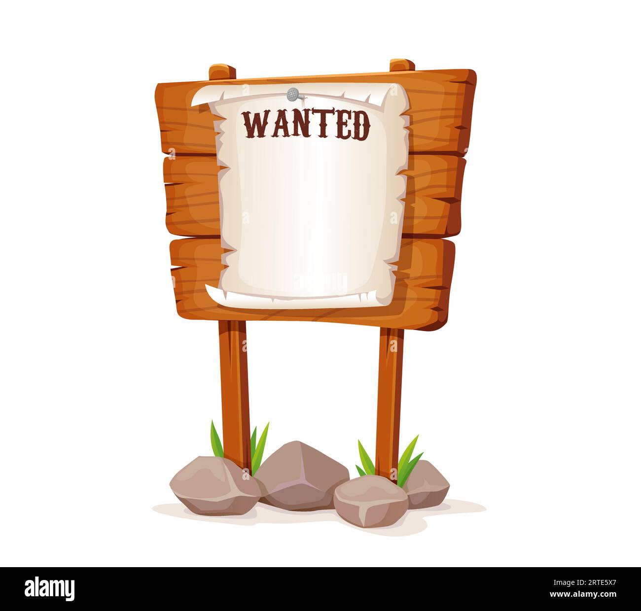 Cartoon Western wanted wooden board with torn parchment paper sheet ...