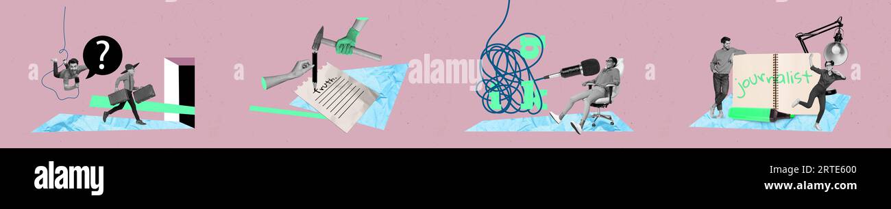 Creative horizontal collage collection image of reporter job asking ...