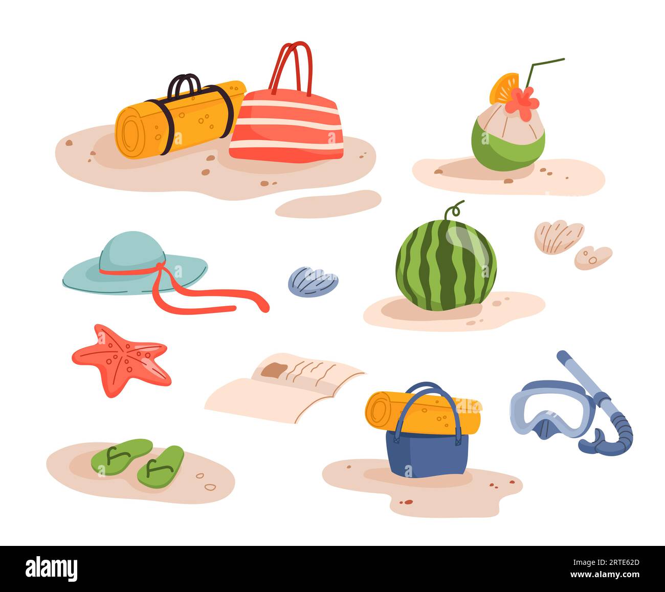 Summer beach vacation. Beach mat, watermelon, slates and book, coconut ...