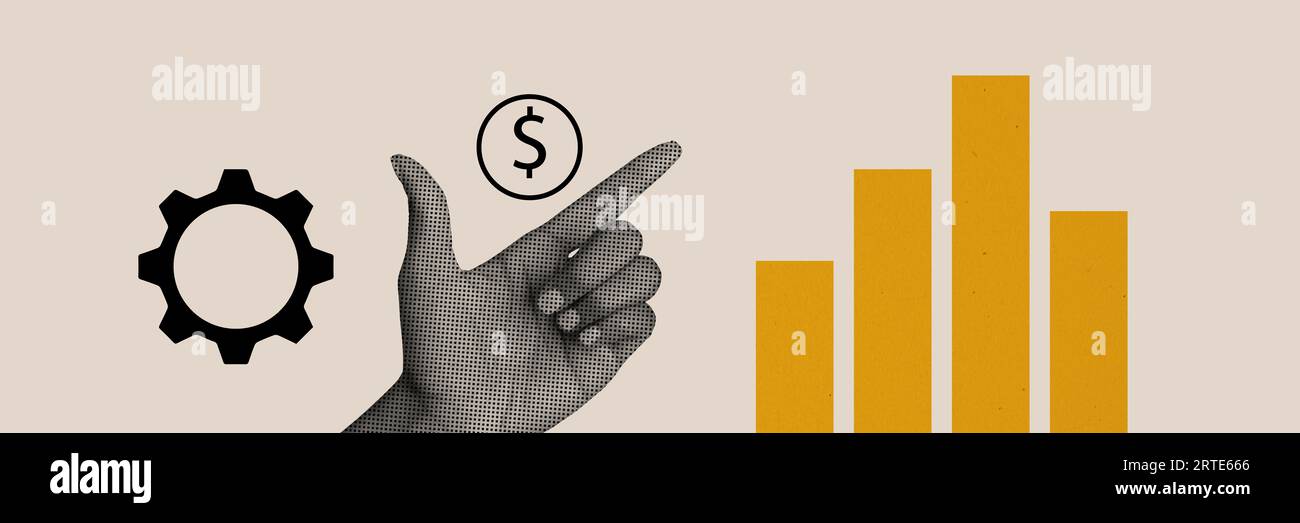 Creative advert collage horizontal image finger pointing diagram market ...