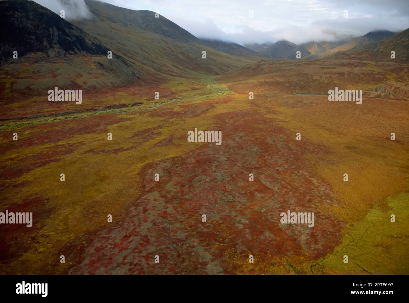 Aerial of the colourful landscape in the North Slope area of Alaska ...
