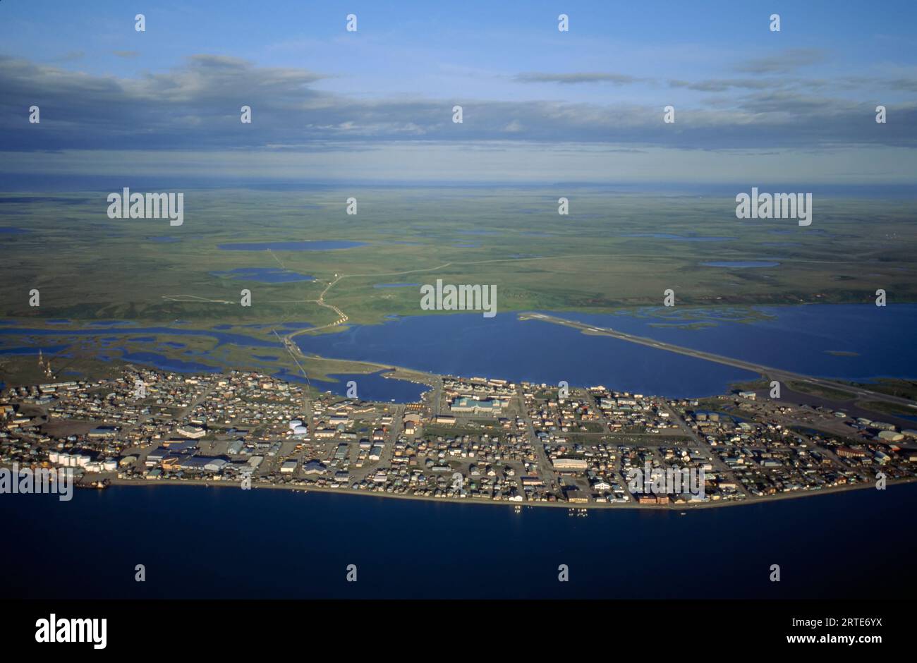 Aerial of a town in the North Slope area of Alaska, USA; North Slope ...