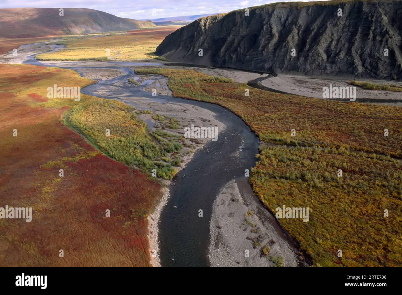 Aerial view of the colourful landscape showing rivers and hills in the ...