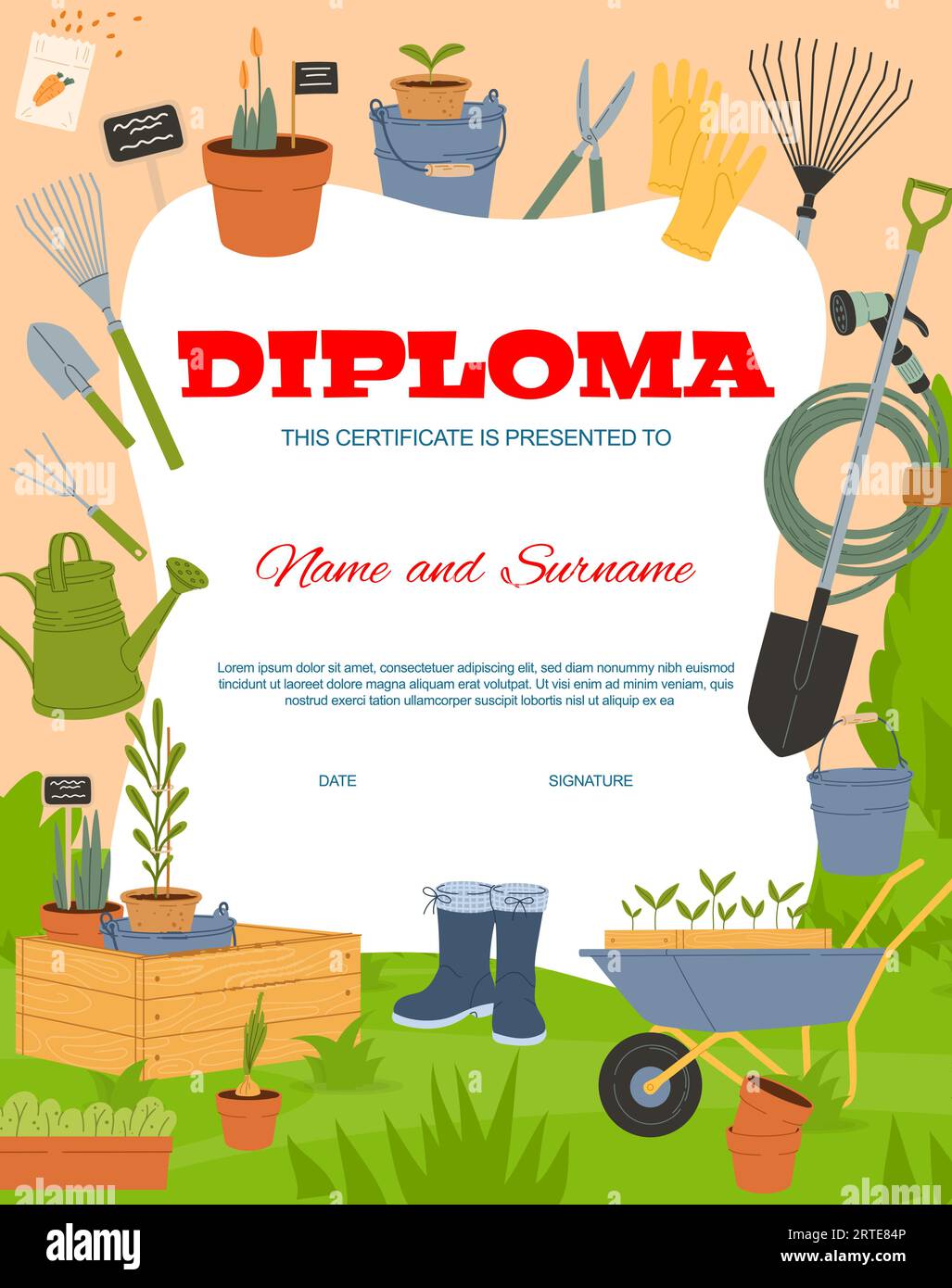 Kids diploma, farming and gardening tools vector certificate of school ...