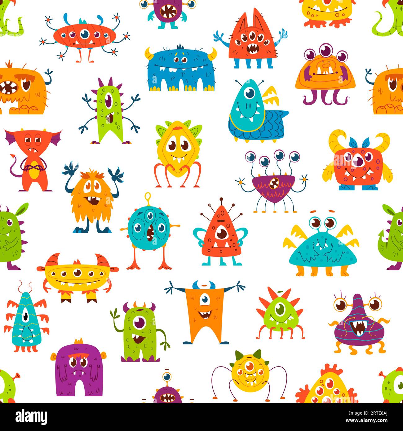 Cartoon monster characters seamless pattern. Funny Halloween monsters ...