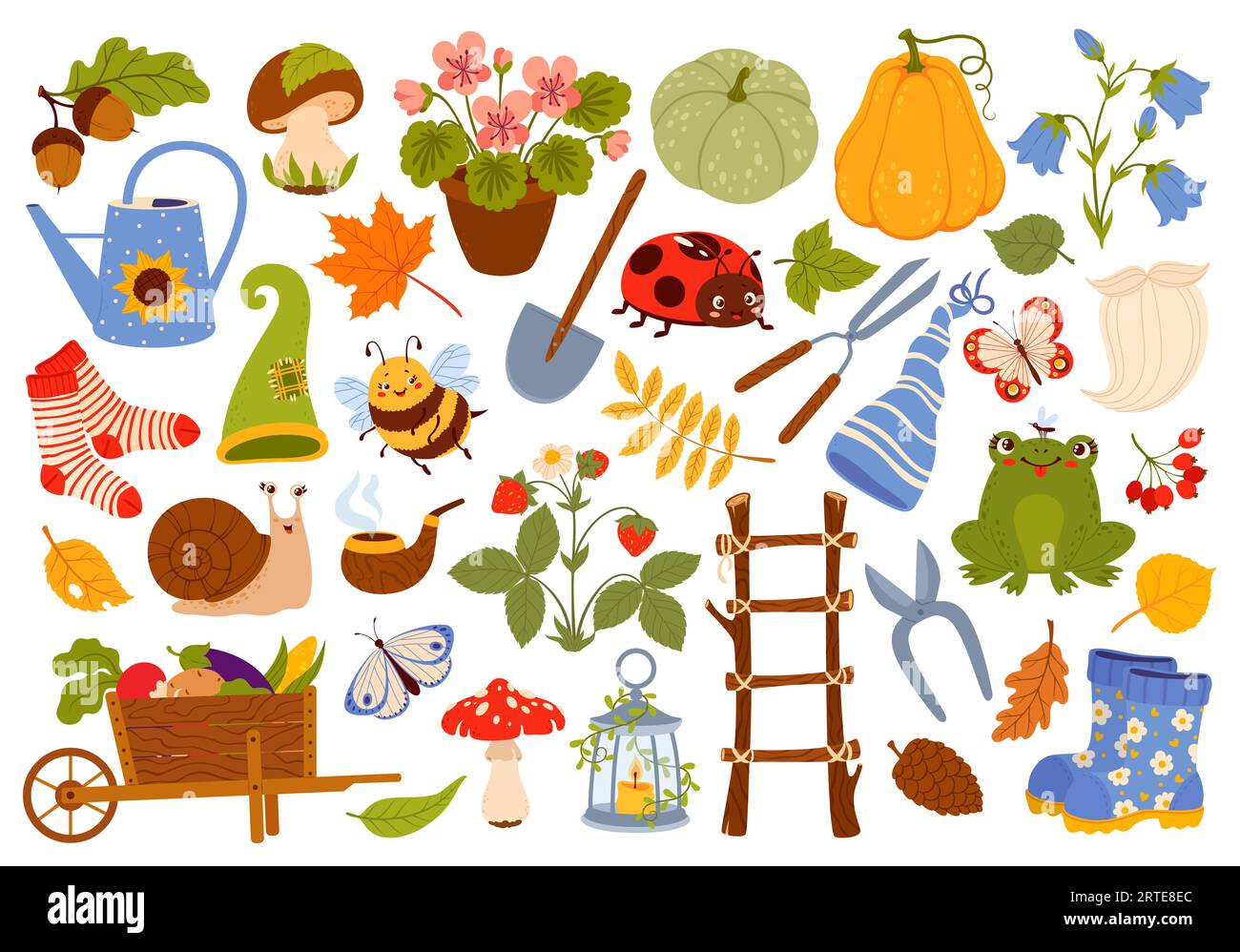 Cartoon gnome, elf and dwarf garden tools, animals and plants. Vector ...