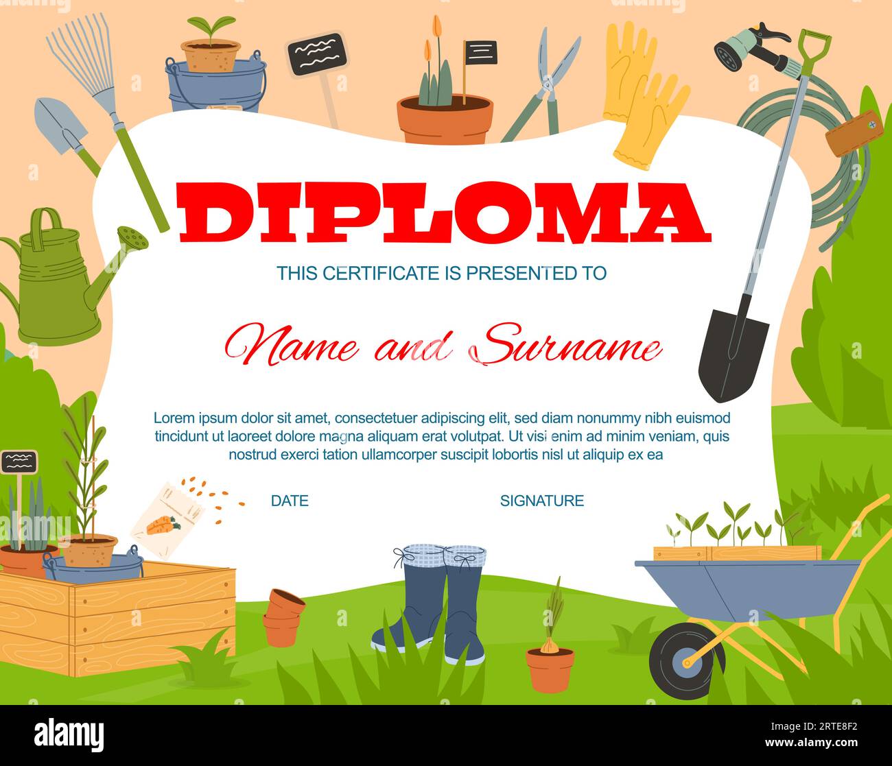 Kids diploma. Farming and gardening tools education certificate vector ...