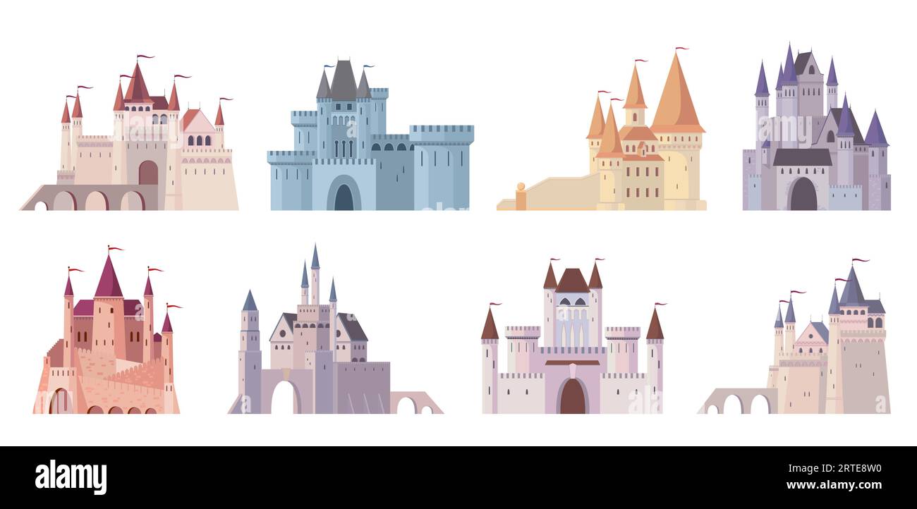 Cartoon medieval castles isolated vector set. European ancient palace buildings, fortresses and ...