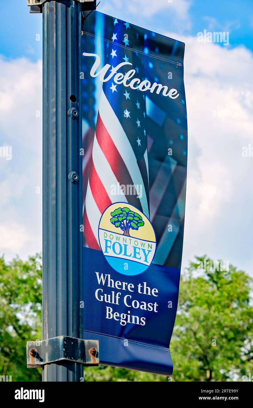 A banner welcomes visitors to downtown Foley, Aug. 19, 2023, in Foley ...