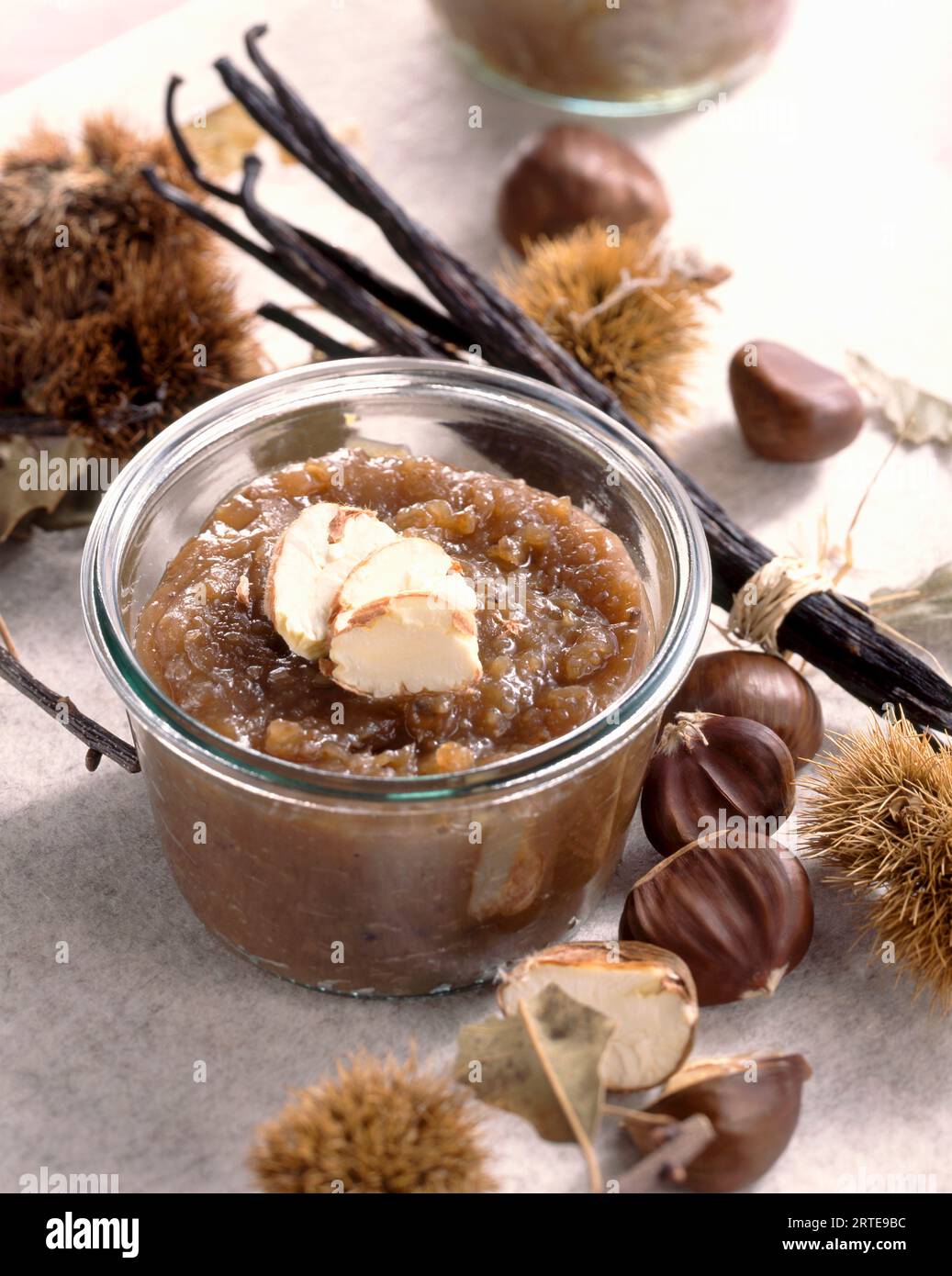 A jar of chestnut preserve with vanilla and chestnuts Stock Photo - Alamy