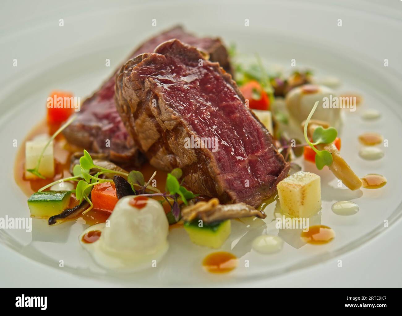 Grilled fillet of beef with vegetable garnish Stock Photo - Alamy