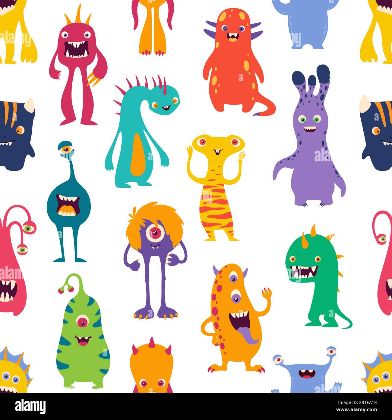 Cartoon funny monsters seamless pattern. Cute aliens, Halloween ghosts ...