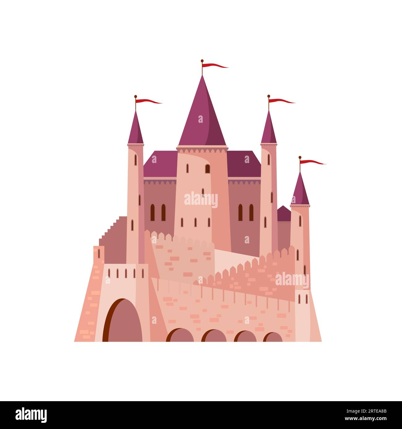 Cartoon royal fortress medieval palace with towers, gates and flag ...