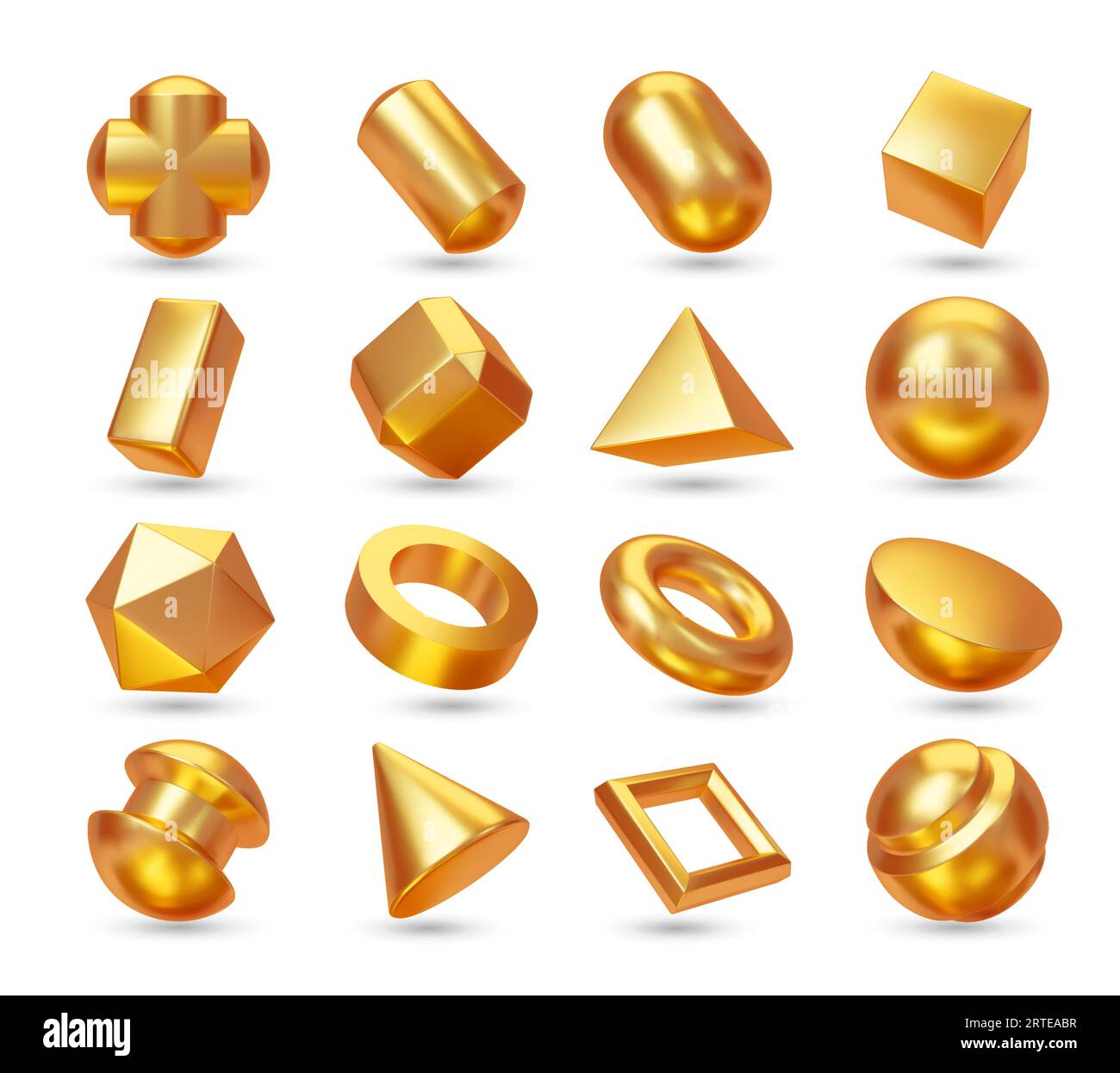 3d golden geometric shapes. Cube, pyramid, ball or sphere, icosahedron and torus, cone ...