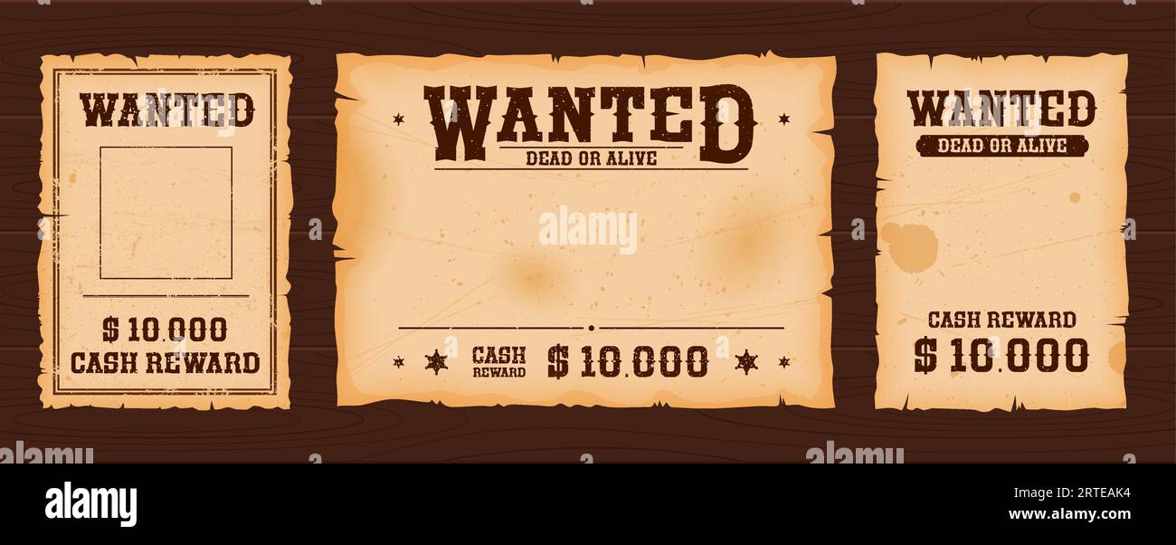 Western wanted banners with reward on wood background. Old Wild West ...