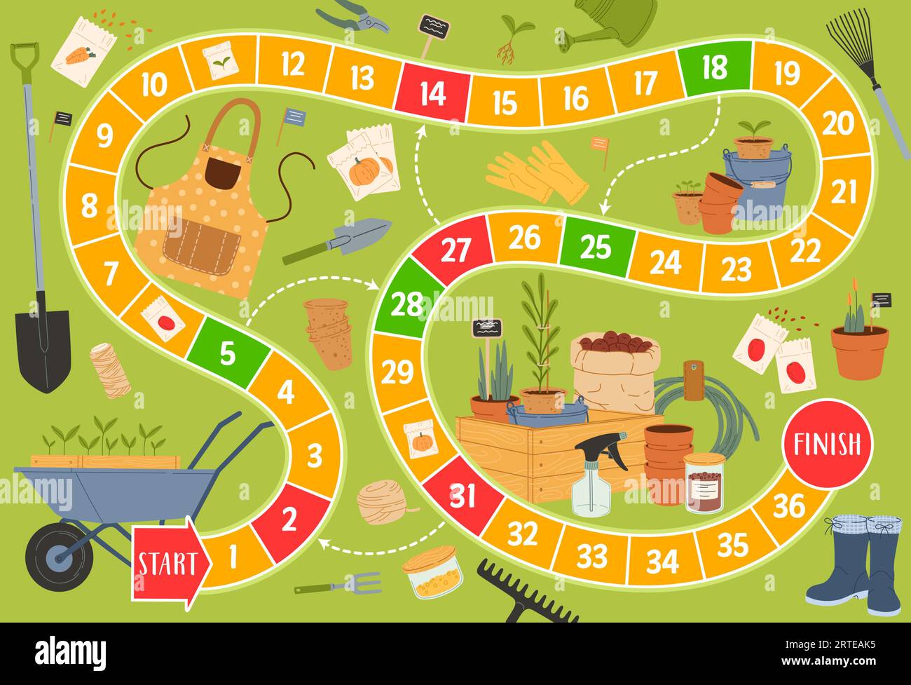 Step board game, agriculture, farm and gardening tools, vector tabletop ...