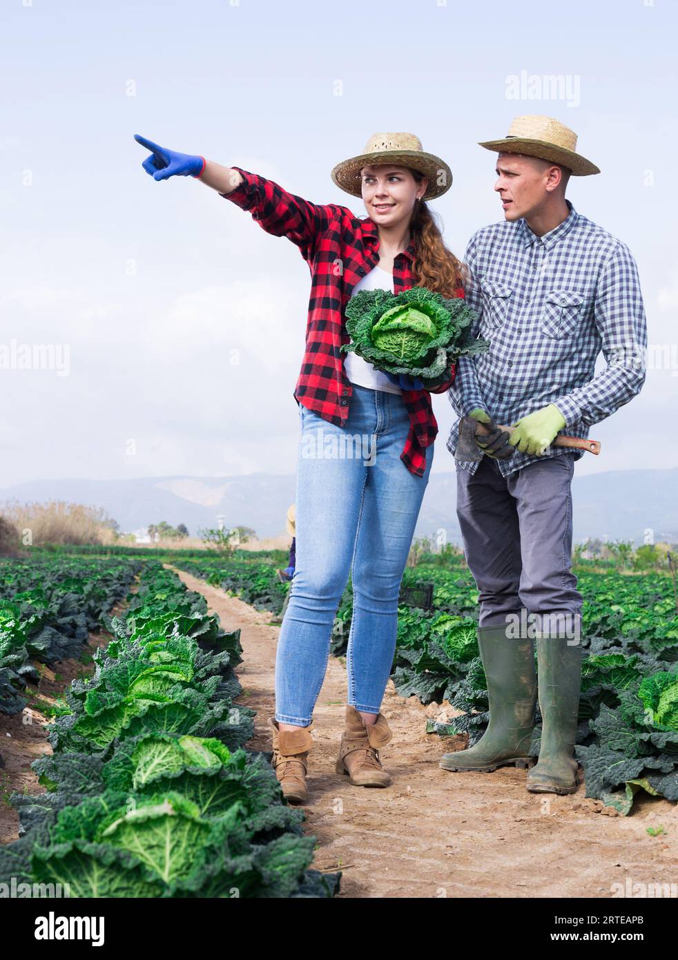 Positive couple of farmers woman and man standing at farm field Stock ...