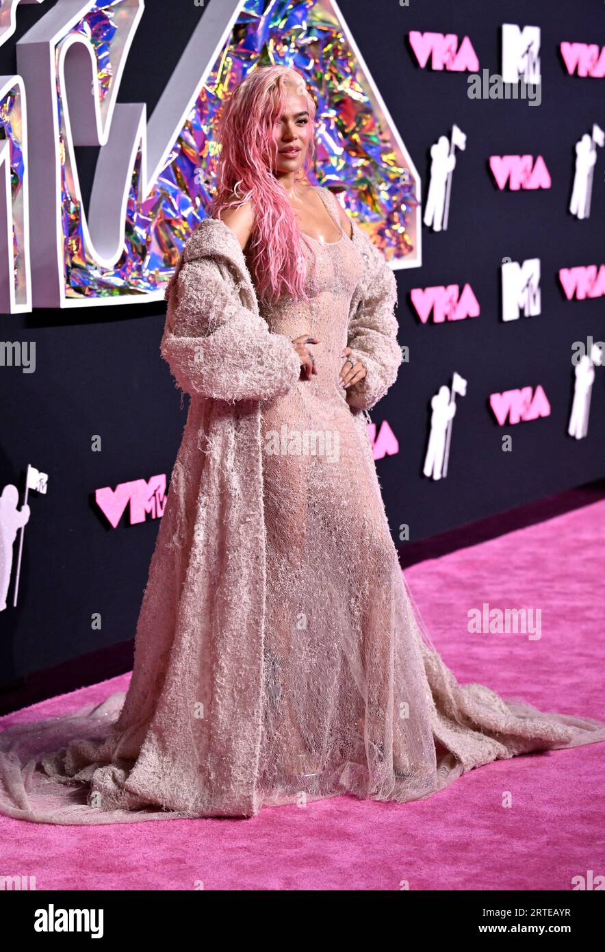 Karol G arrives at the MTV Video Music Awards on Tuesday, Sept. 12 ...