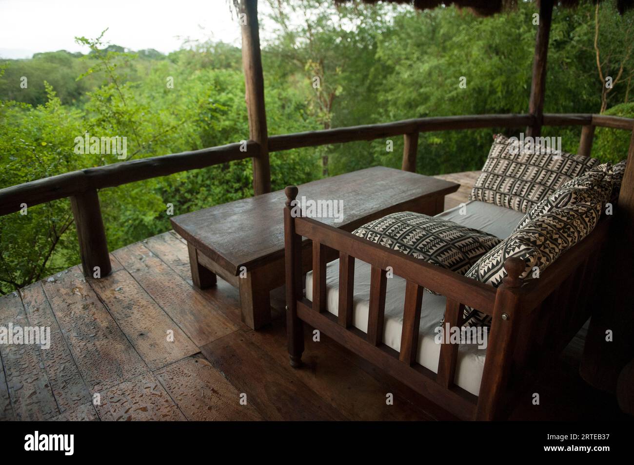 Outdoor living quarters of a safari lodge in Uganda, Africa; Uganda ...