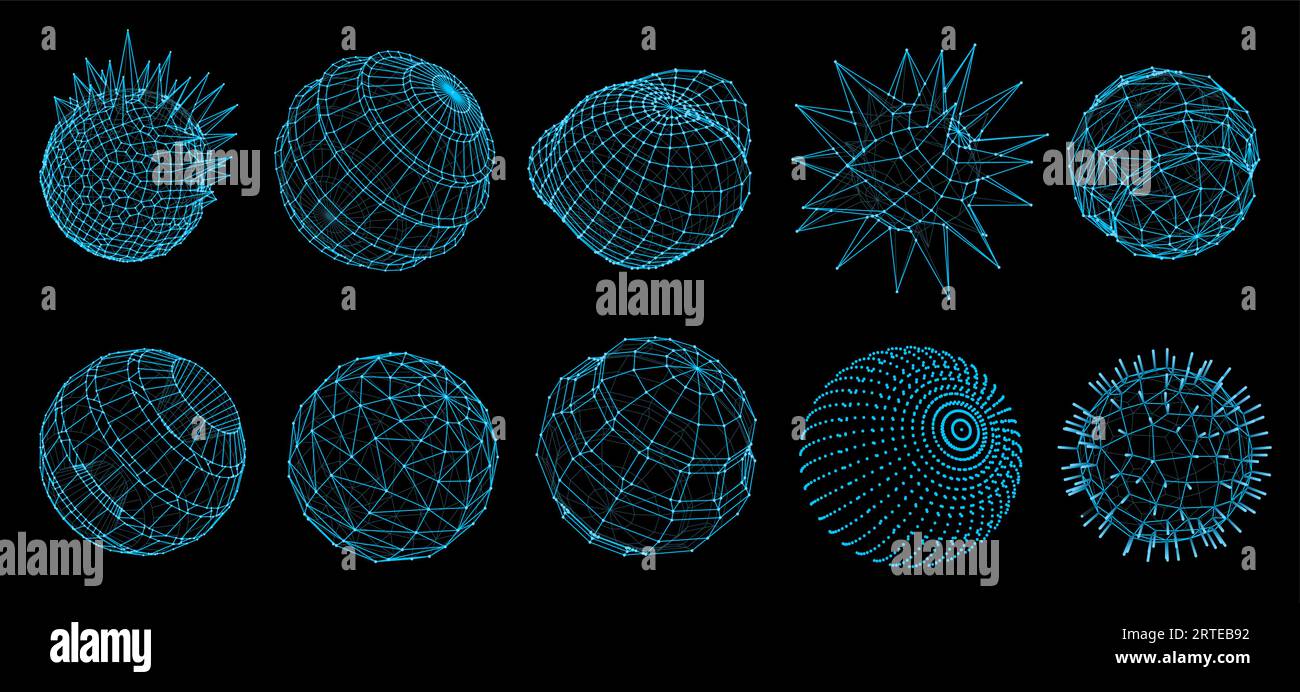 3d futuristic sphere and balls shapes. Cyber space ball geometric model, planet mesh globe ...