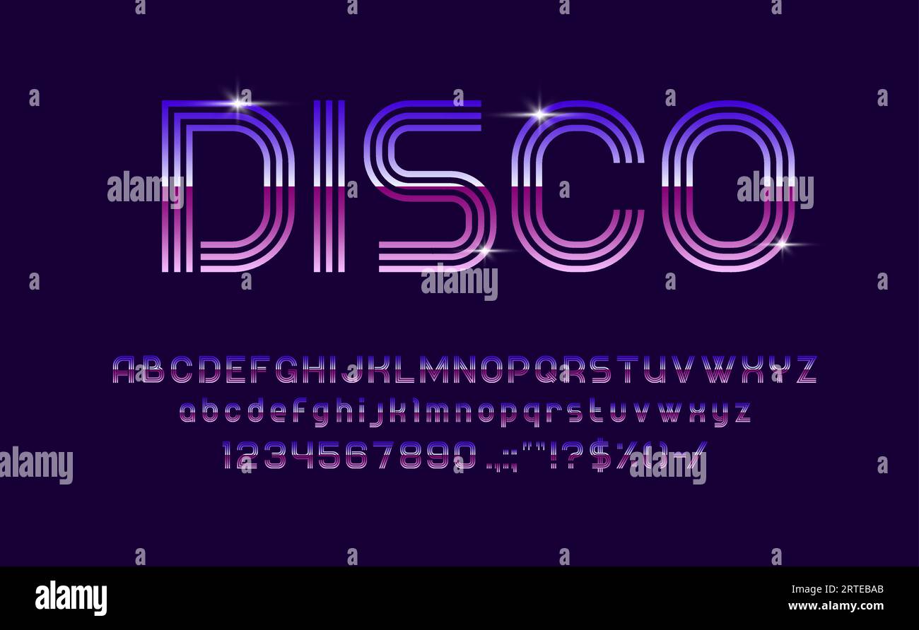 Disco DJ music font, type, typeface modern alphabet, signs and numbers ...