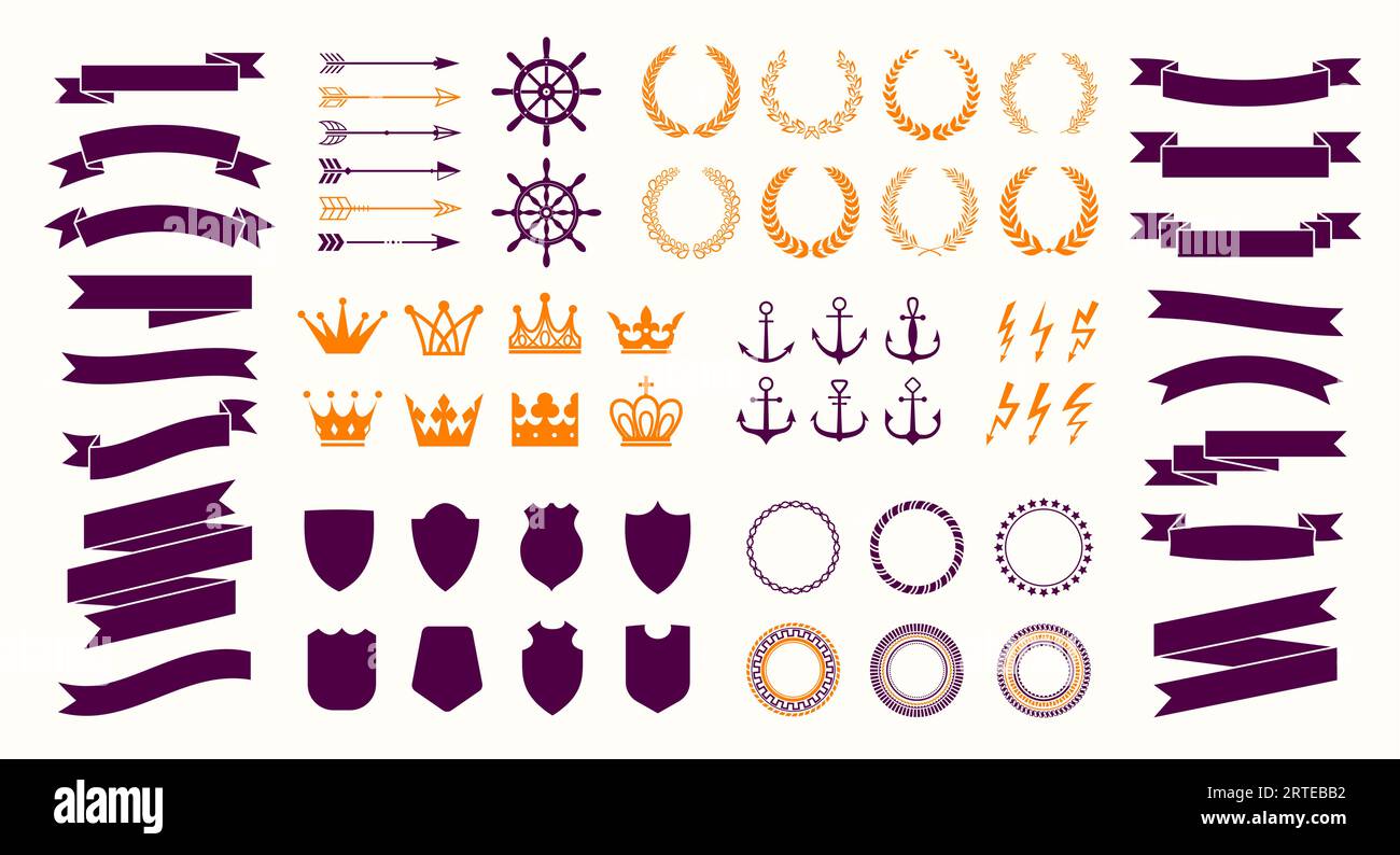 Vintage badge, seal, laurel wreath and crown, retro arrow and label ...