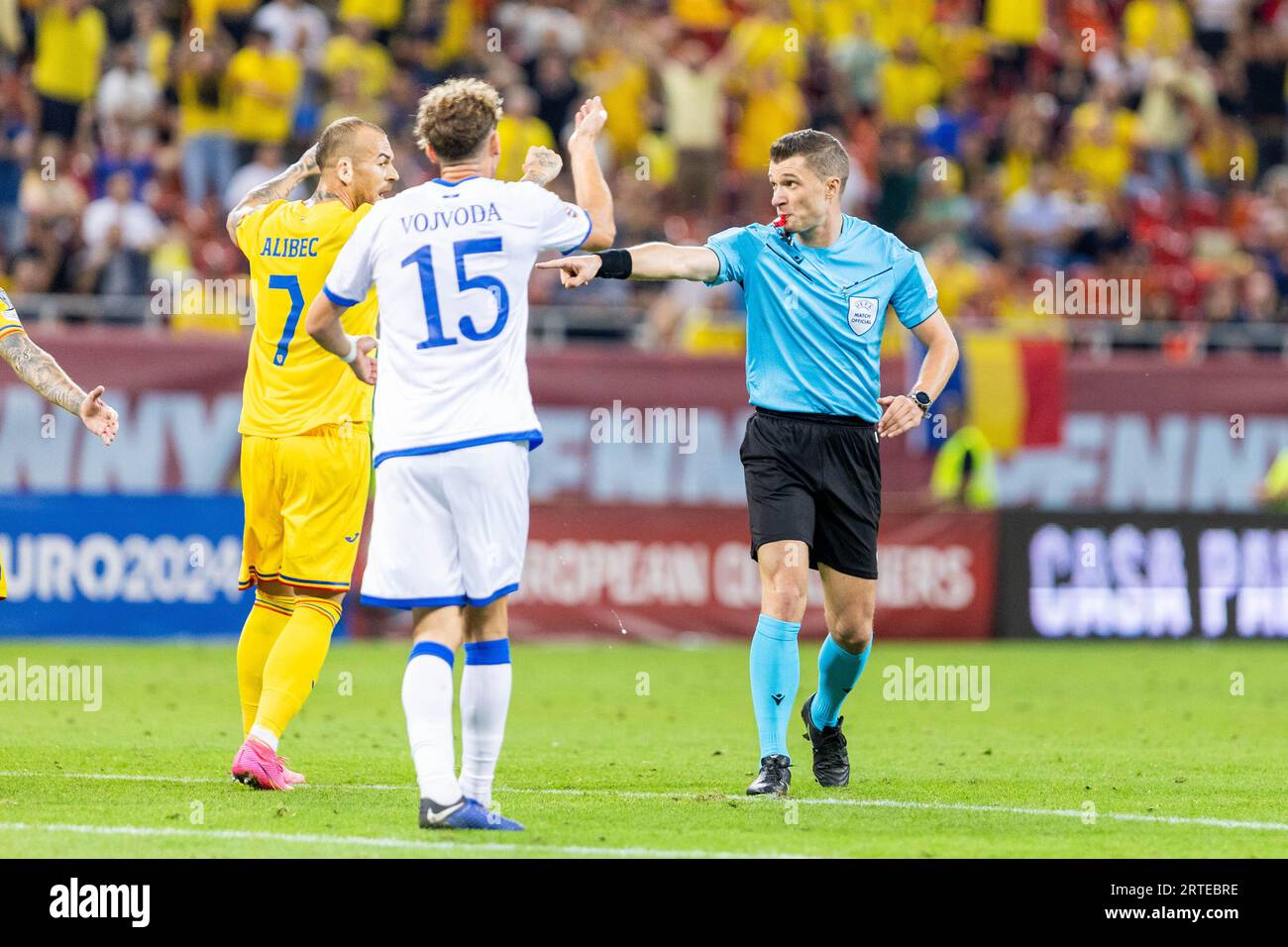 Referee Willy Delajod giving penalty to Romania during the UEFA Euro ...