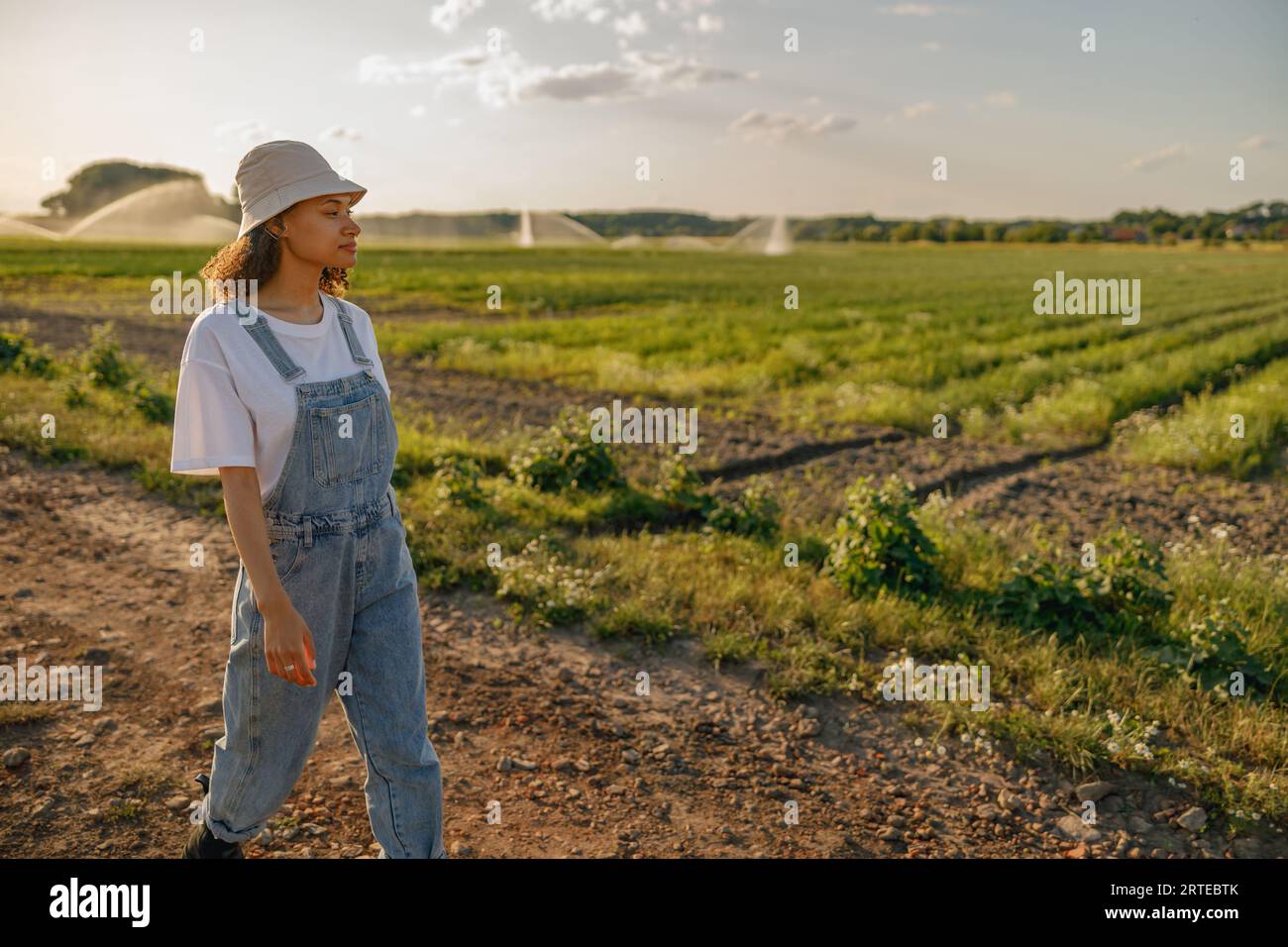 Side view of female farmer walks across a field during harvesting ...