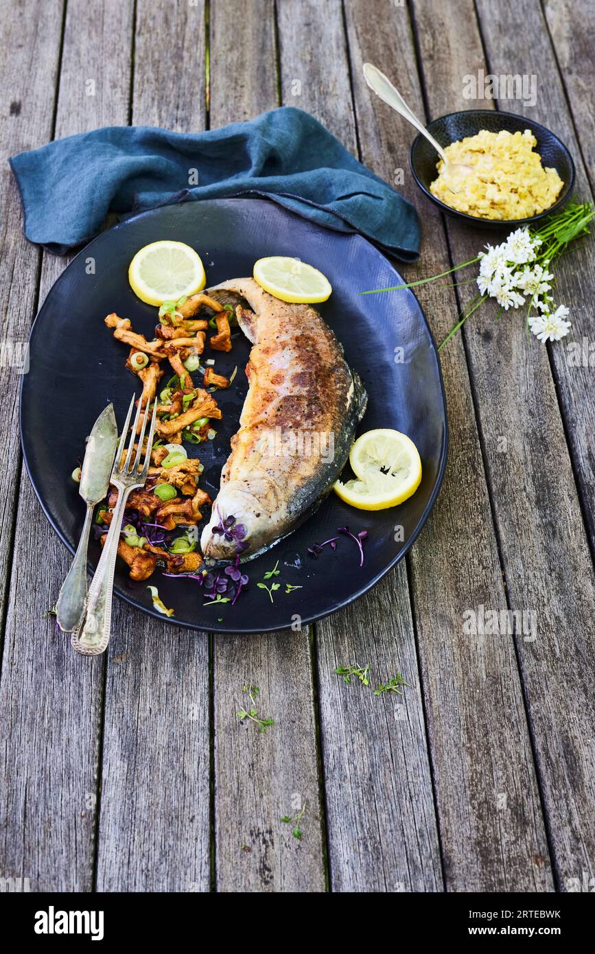 Baked vendace with creamed lentils and chanterelles Stock Photo - Alamy
