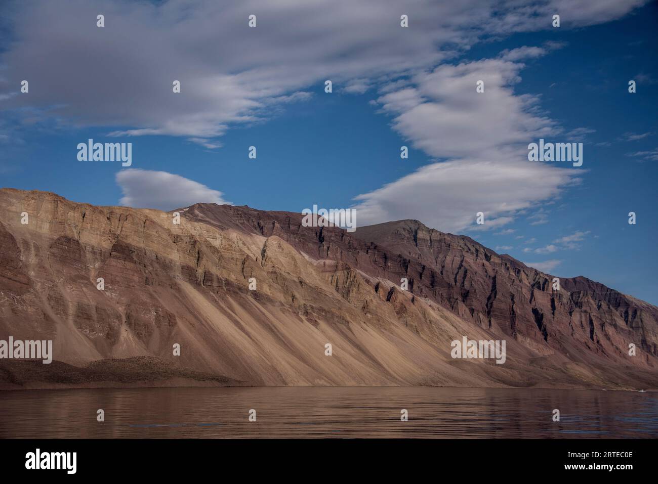 Scenic view of the silt covered mountains lining Greenland's Kaiser ...