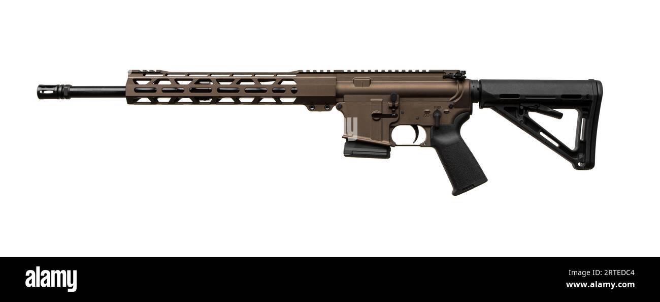 Modern automatic rifle in bronze color. Weapons for police, special ...