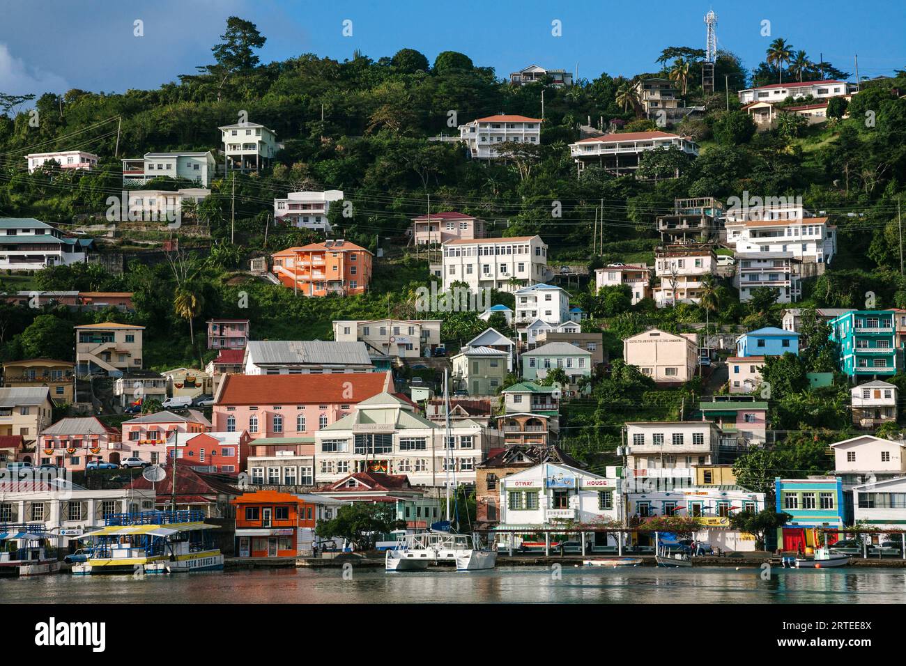 Colorful houses on the mountainside in the port city capital of St ...