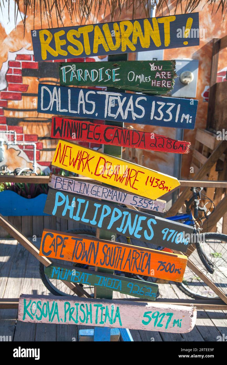 Close-up of colorful mileage signs for multiple locations at a ...