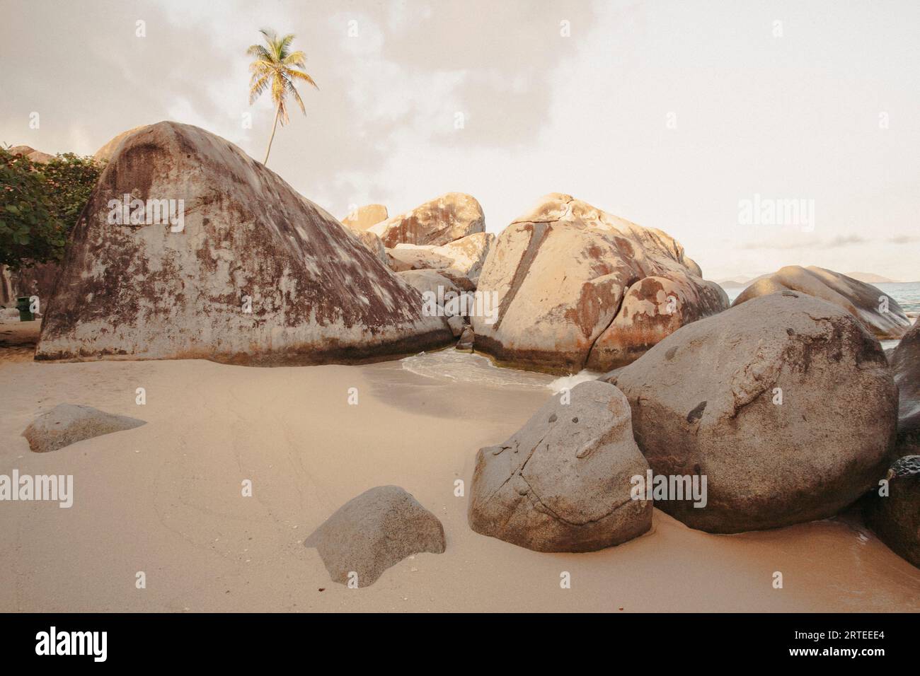 Close-up view of the large, boulders on the seaside shores of The Baths ...
