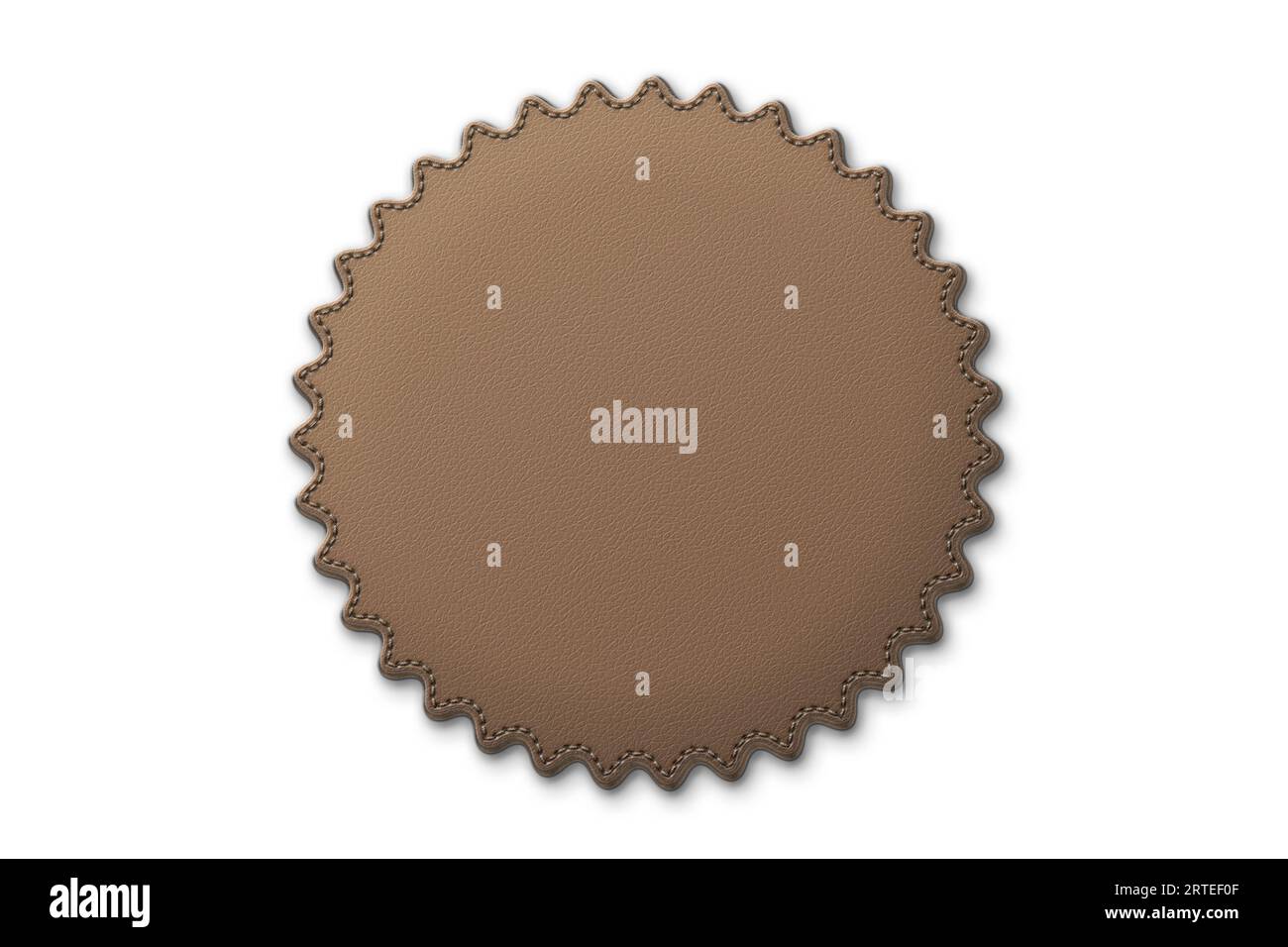Brown leather label circle shape with stitches. Leather patch with seam ...