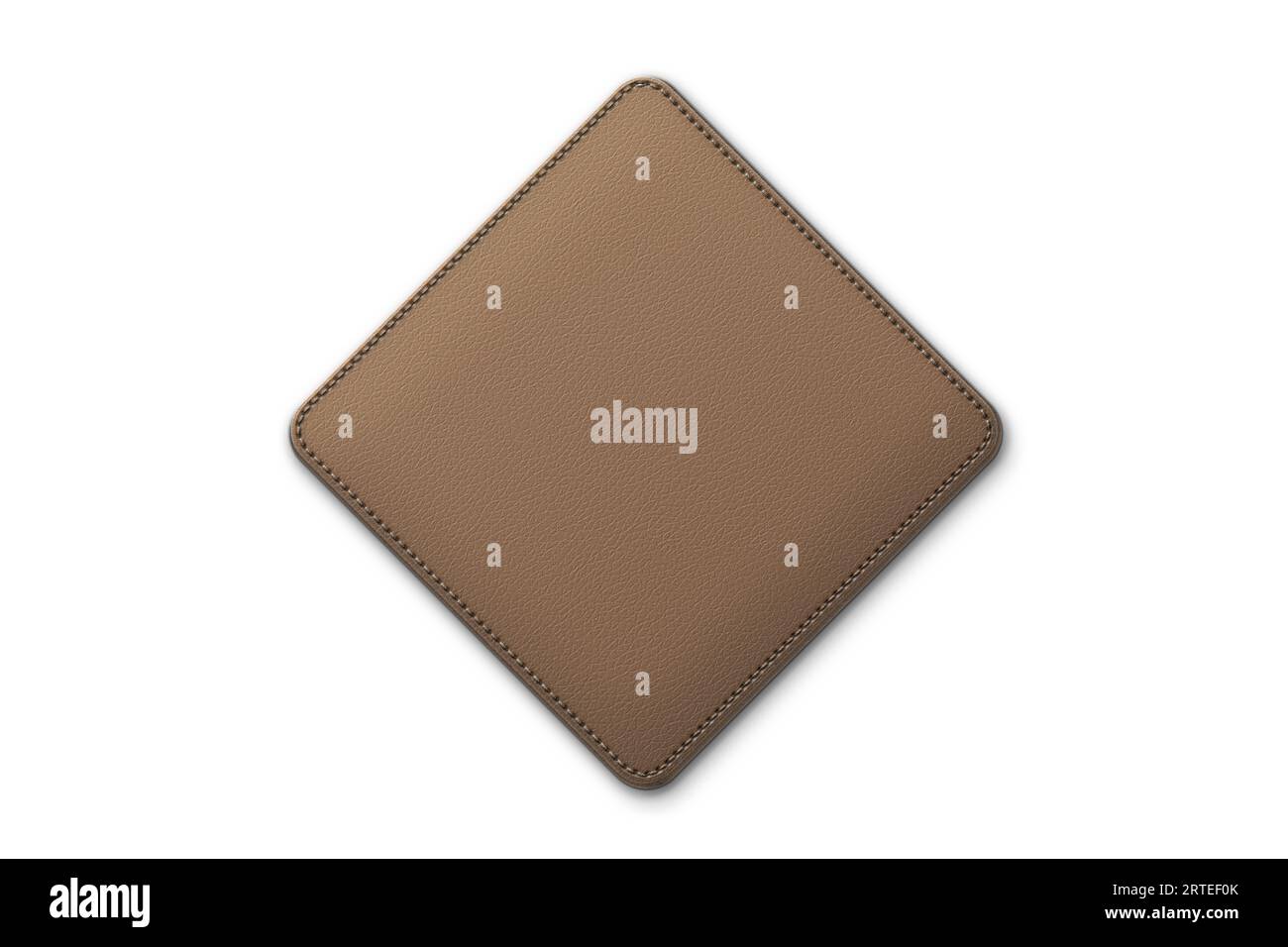 Brown leather label rhombus shape with stitches. Leather patch with ...